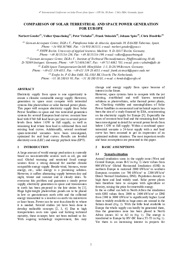 (PDF) Comparison of solar terrestrial and space power generation for Europe