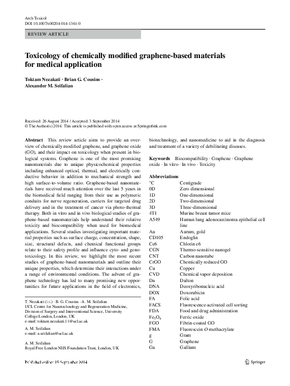 (PDF) Toxicology of chemically modified graphene-based materials for medical application