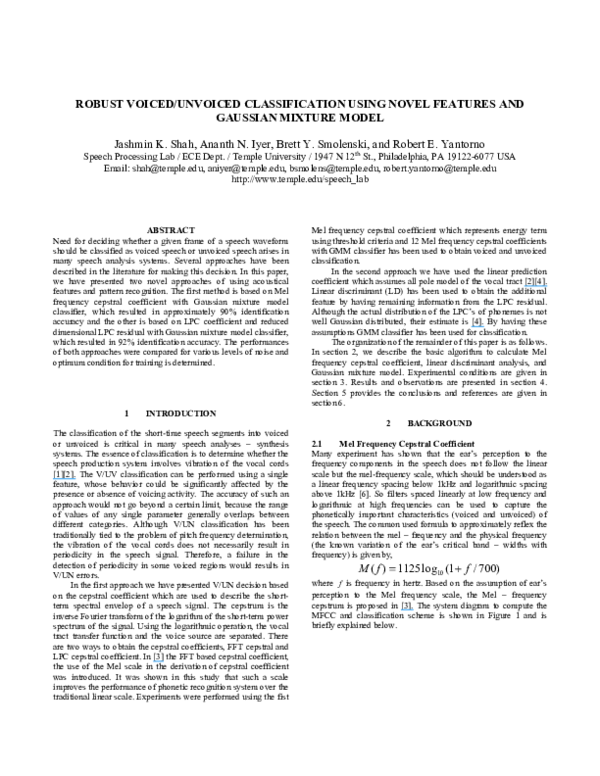 (PDF) Robust voiced/unvoiced classification using novel features and gaussian mixture model