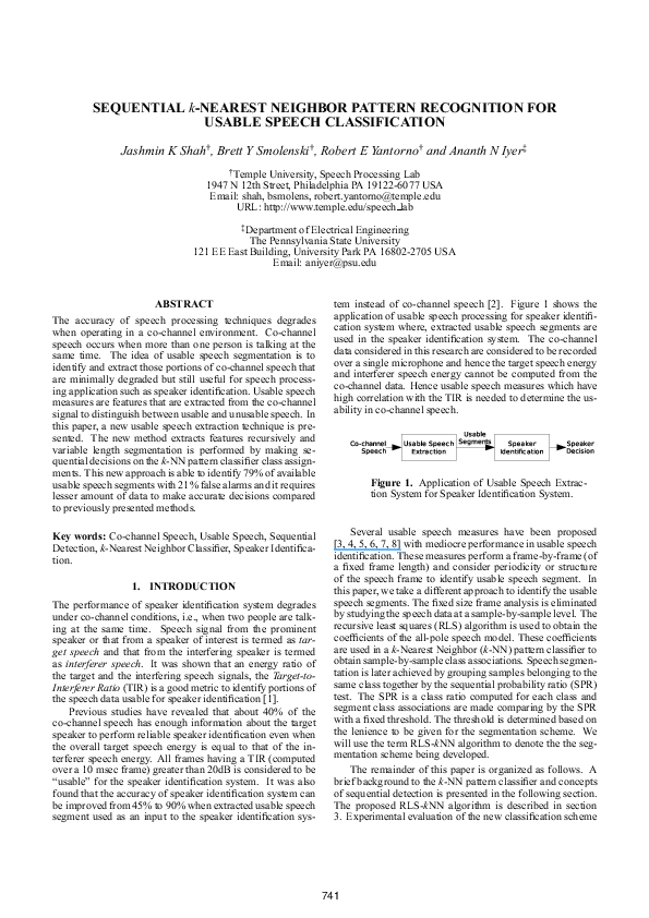 Pdf Sequential K Nearest Neighbor Pattern Recognition For Usable Speech Classification