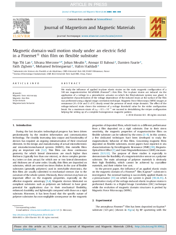 (PDF) Magnetic domain-wall motion study under an electric field in a ...