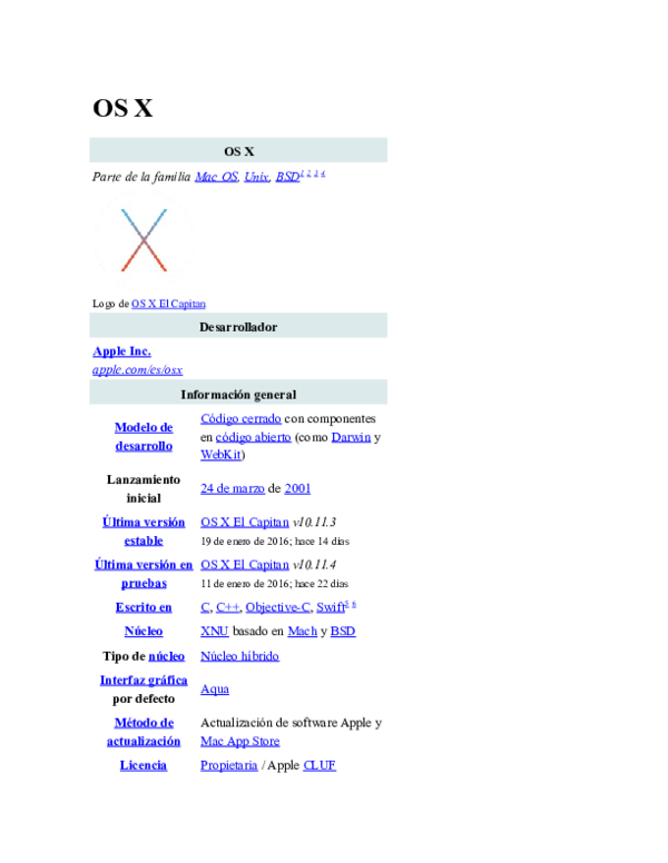 (DOC) OS X OS X Parte de la familia Mac OS, Unix, BSD 1 2 3 4