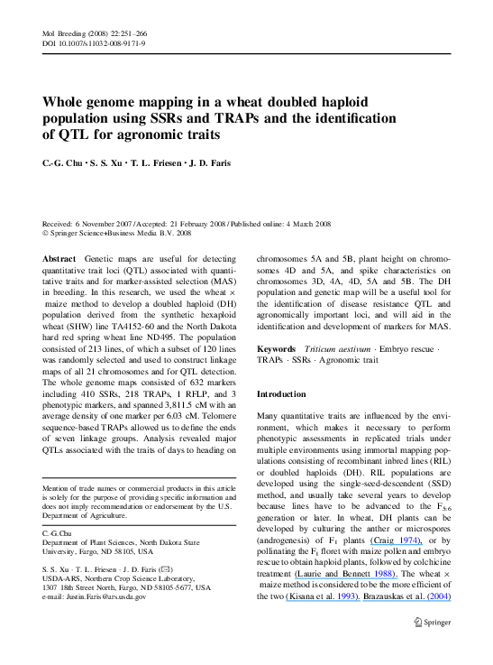 (PDF) Whole genome mapping in a wheat doubled haploid population using SSRs and TRAPs and the ...