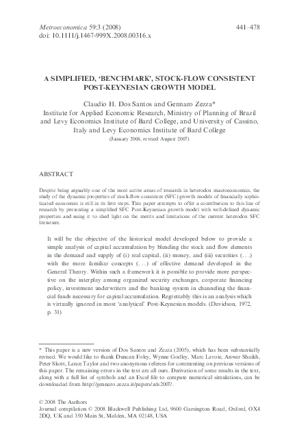 (PDF) A Simplified, ‘Benchmark’, Stock-Flow Consistent Post-Keynesian Growth Model