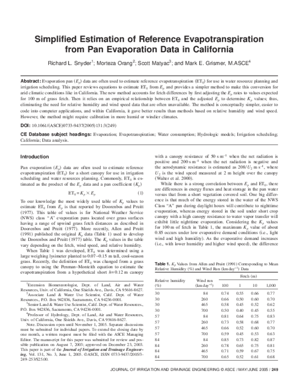 Pdf Simplified Estimation Of Reference Evapotranspiration From Pan