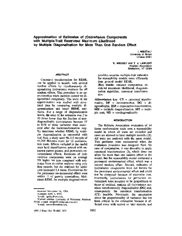 Pdf Approximation Of Estimates Of Co Variance Components With Multiple Trait Restricted