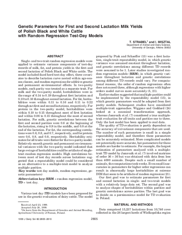 (PDF) Genetic parameters for first and second lactation milk yields of Polish black and white ...