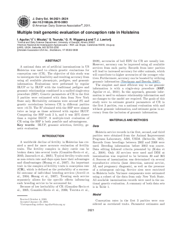 (PDF) Multiple trait genomic evaluation of conception rate in Holsteins