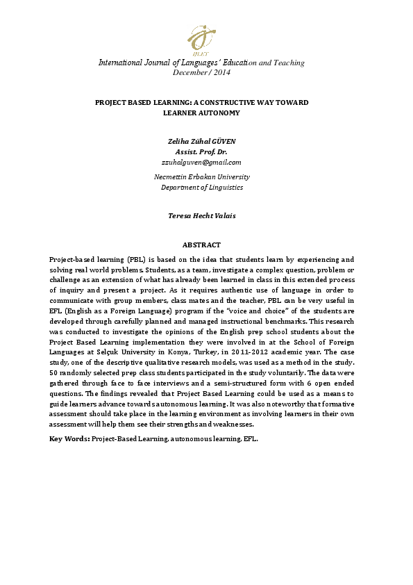 (PDF) PROJECT BASED LEARNING: A CONSTRUCTIVE WAY TOWARD LEARNER AUTONOMY