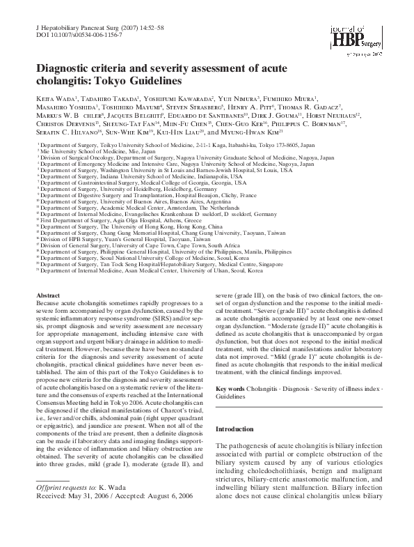 Pdf Diagnostic Criteria And Severity Assessment Of Acute Cholangitis Tokyo Guidelines