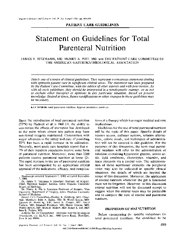 (PDF) Statement on guidelines for total parenteral nutrition