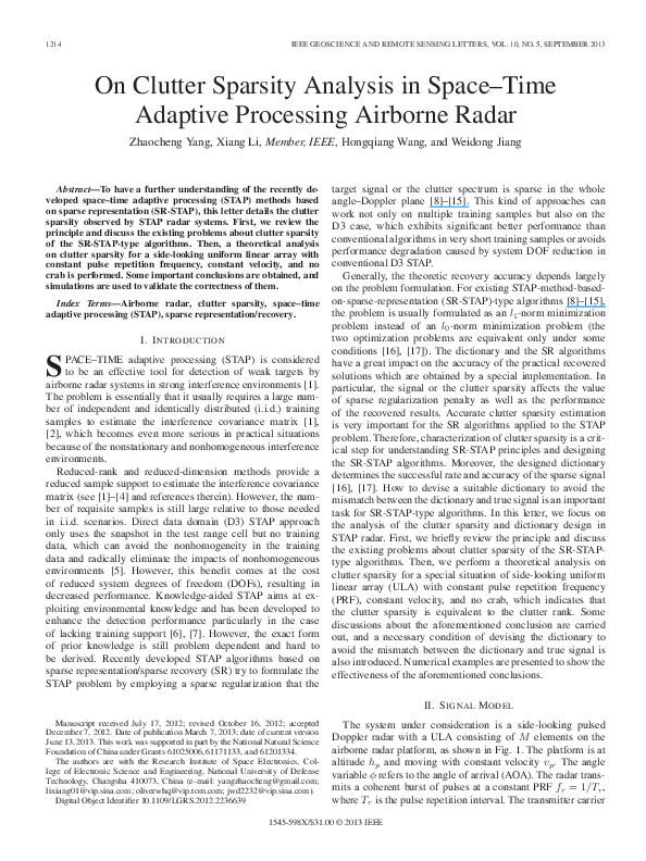 (PDF) On Clutter Sparsity Analysis in Space–Time Adaptive Processing Airborne Radar