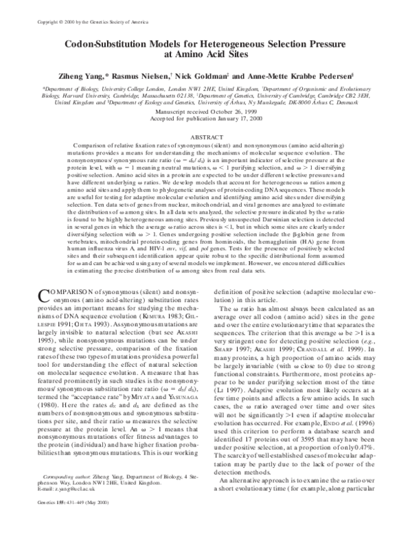 Pdf Codon Substitution Models For Heterogeneous Selection Pressure At Amino Acid Sites