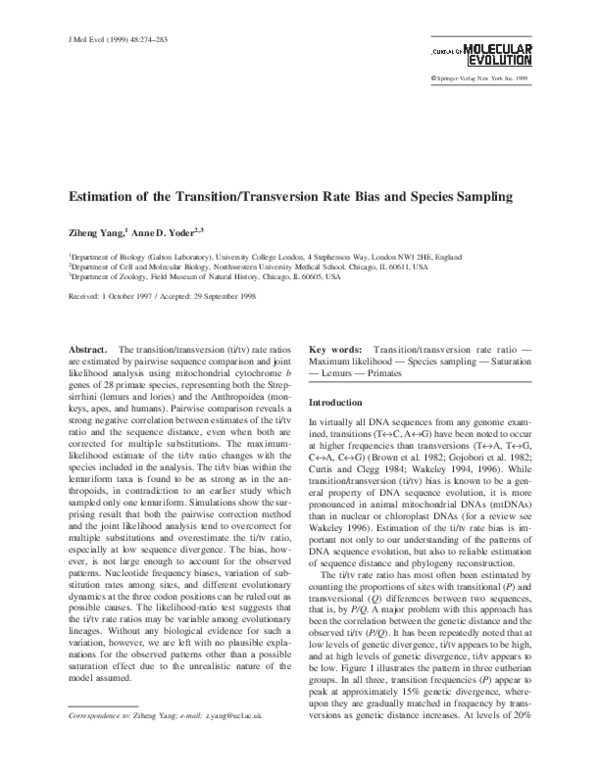 (PDF) Estimation of the Transition/Transversion Rate Bias and Species ...