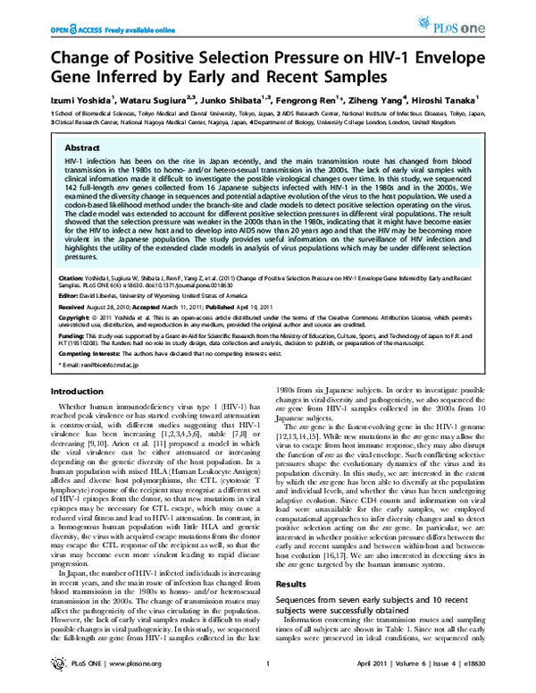 (PDF) Change of Positive Selection Pressure on HIV-1 Envelope Gene ...