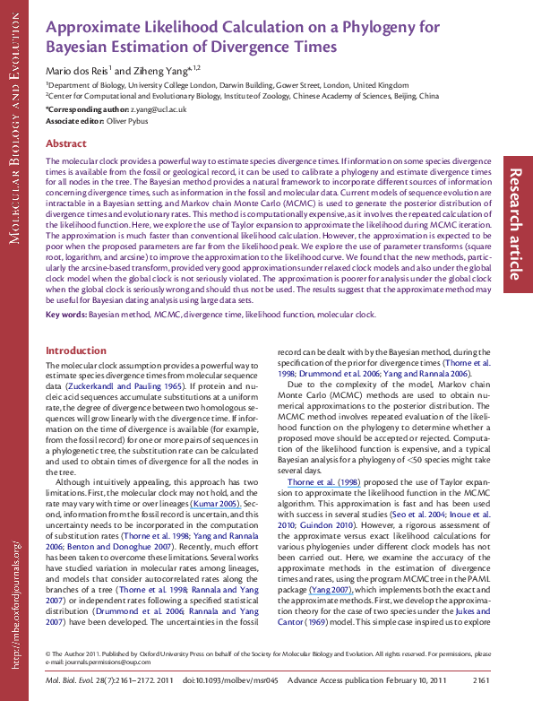 Pdf Approximate Likelihood Calculation On A Phylogeny For Bayesian