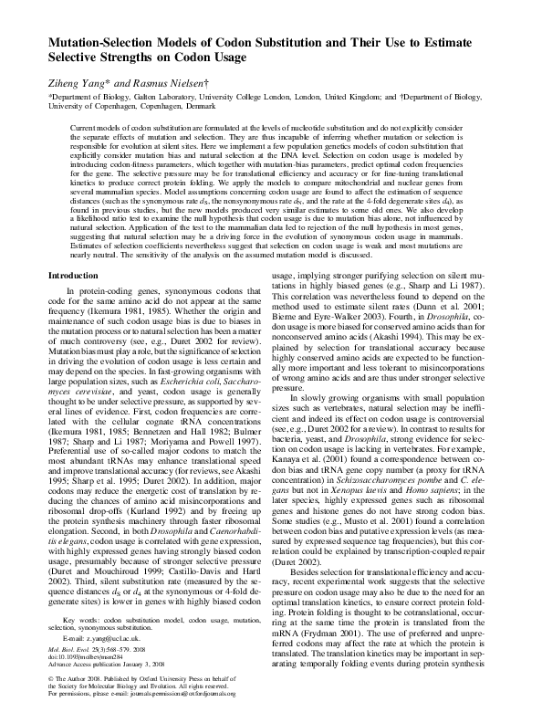 Pdf Mutation Selection Models Of Codon Substitution And Their Use To Estimate Selective