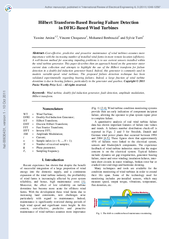 (PDF) Hilbert transform-based bearing failure detection in DFIG-based wind turbines