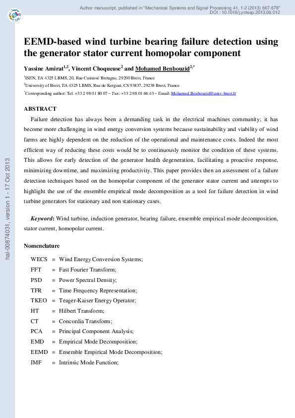 (PDF) EEMD-based wind turbine bearing failure detection using the ...