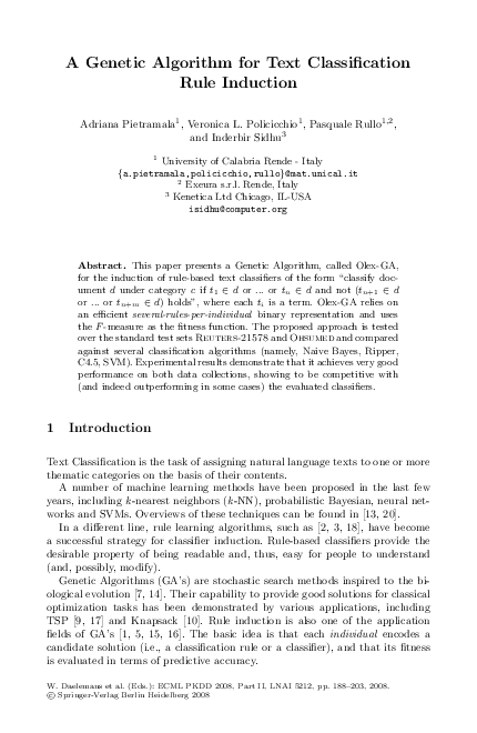 Pdf A Genetic Algorithm For Text Classification Rule Induction P Rullo