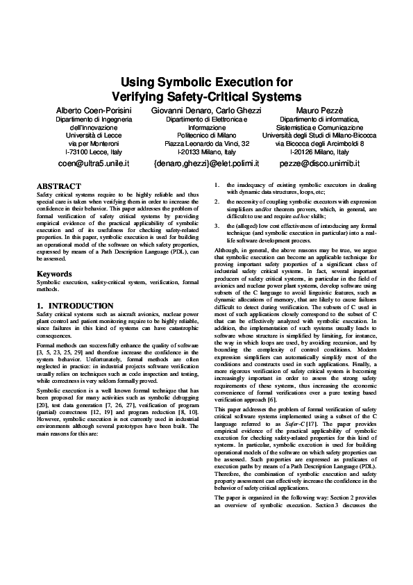 (PDF) Using symbolic execution for verifying safety-critical systems