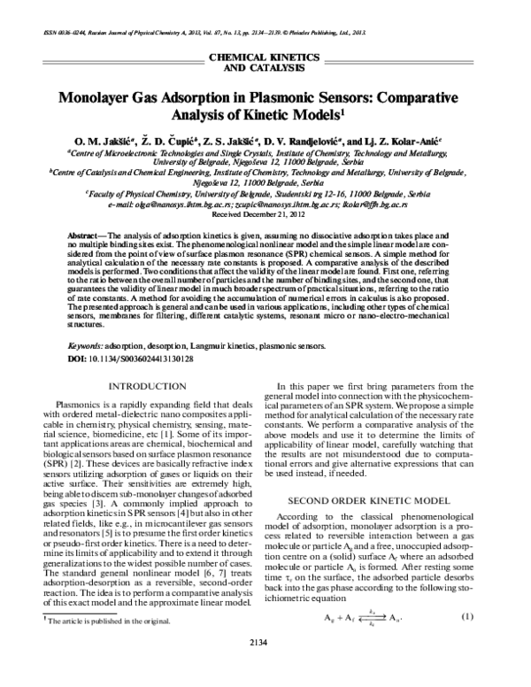 (PDF) Monolayer gas adsorption in plasmonic sensors: Comparative ...