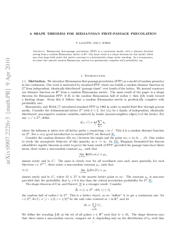 (PDF) A shape theorem for Riemannian first-passage percolation
