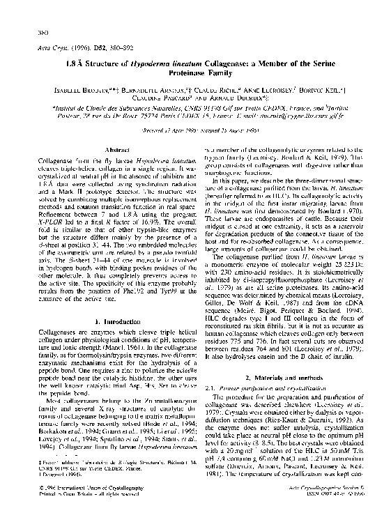 (PDF) 1.8 Å Structure of Hypoderma lineatum Collagenase: a Member of ...