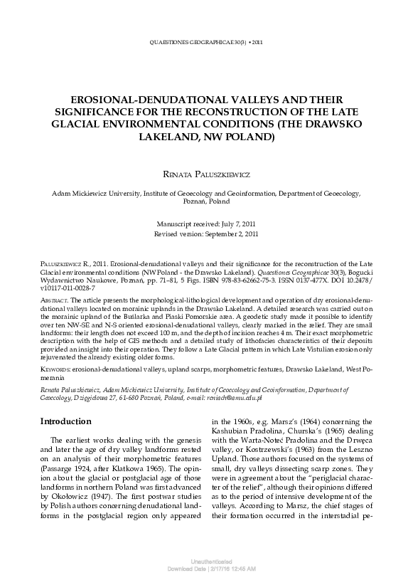 (PDF) Erosional-denudational valleys and their significance for the ...