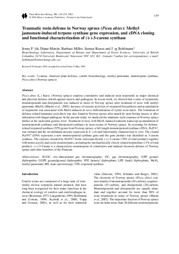 (PDF) Traumatic resin defense in Norway spruce (Picea abies): methyl jasmonate-induced terpene ...