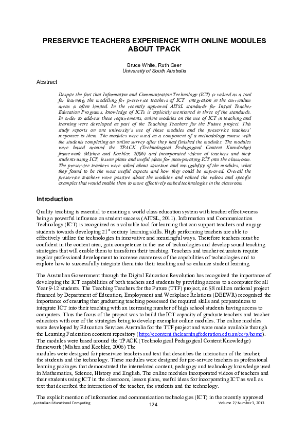 (PDF) Preservice Teachers Experience with Online Modules about Tpack