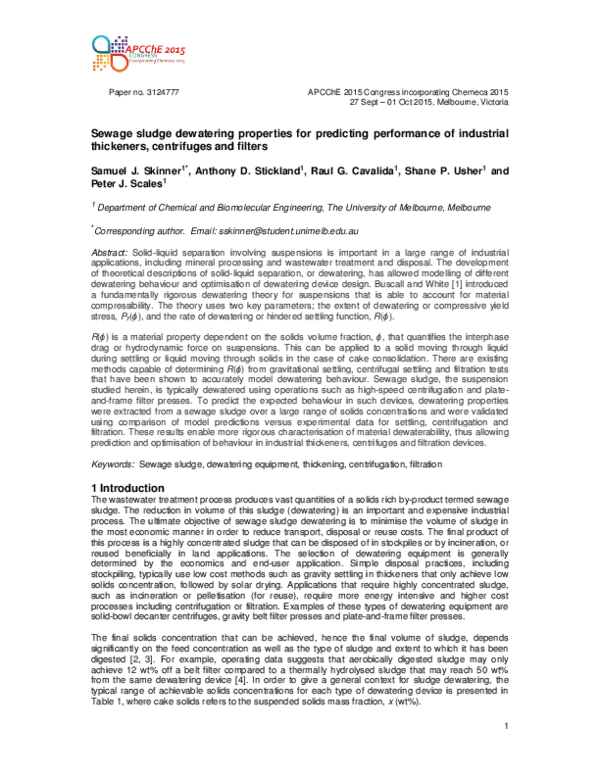 (PDF) Sewage sludge dewatering properties for predicting performance of industrial thickeners ...
