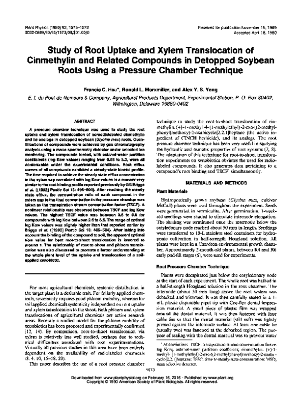 (PDF) Study of Root Uptake and Xylem Translocation of Cinmethylin and ...