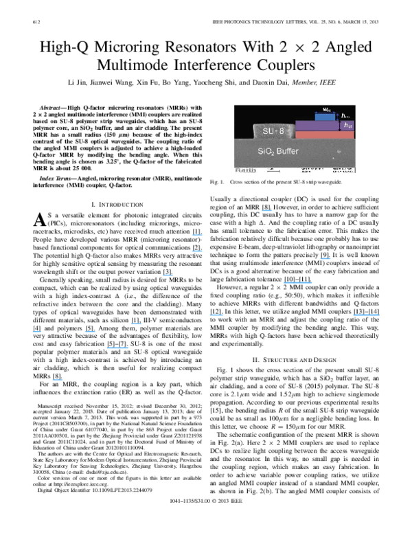 (PDF) High-Q Microring Resonators With 2 $\,\times\,$ 2 Angled Multimode Interference Couplers