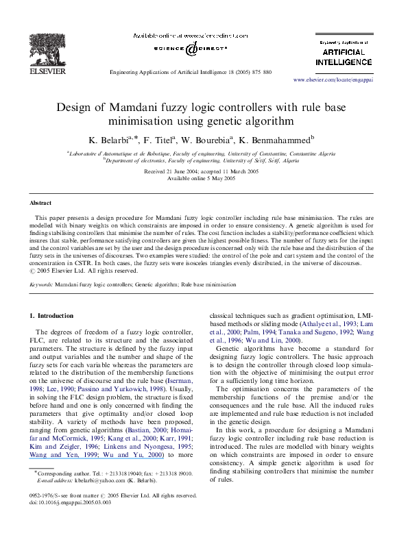 Pdf Design Of Mamdani Fuzzy Logic Controllers With Rule Base Minimisation Using Genetic Algorithm 1384