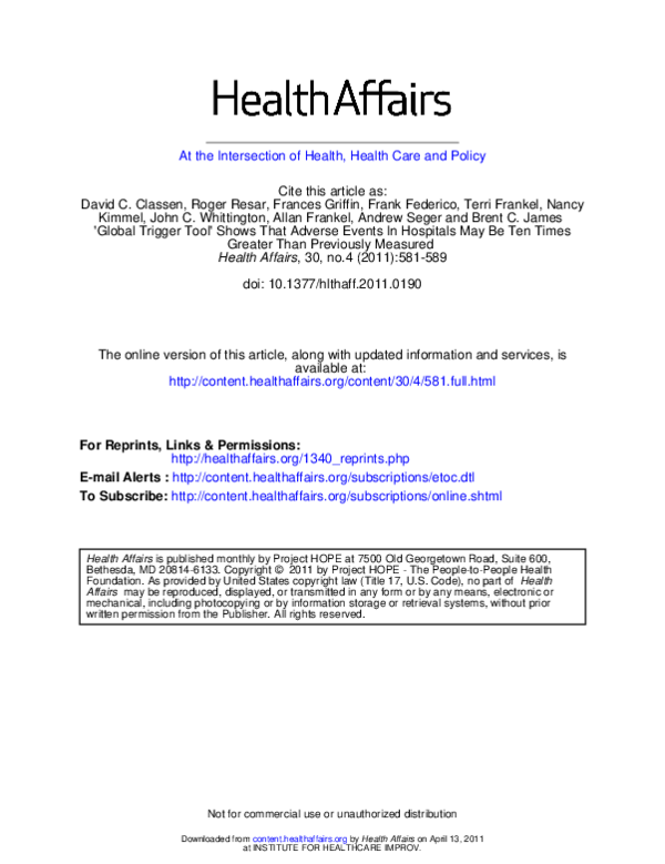 Pdf Global Trigger Tool Shows That Adverse Events In Hospitals May Be Ten Times Greater Than