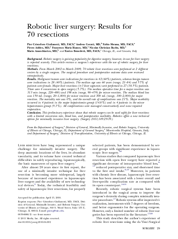 (PDF) Robotic liver surgery: Results for 70 resections