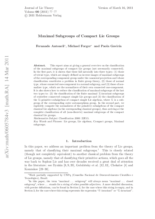 (PDF) Maximal Subgroups of Compact Lie Groups