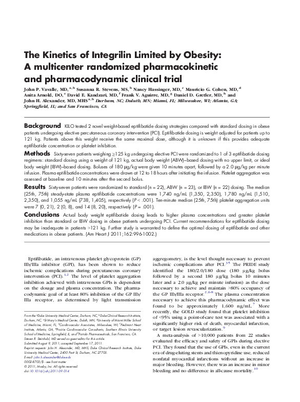 (PDF) The Kinetics of Integrilin Limited by Obesity: A multicenter ...