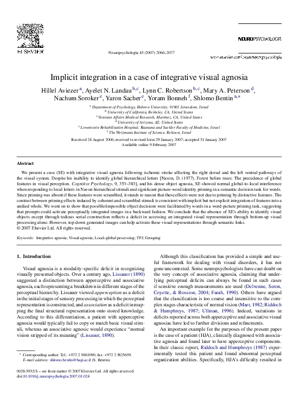 (PDF) Implicit integration in a case of integrative visual agnosia