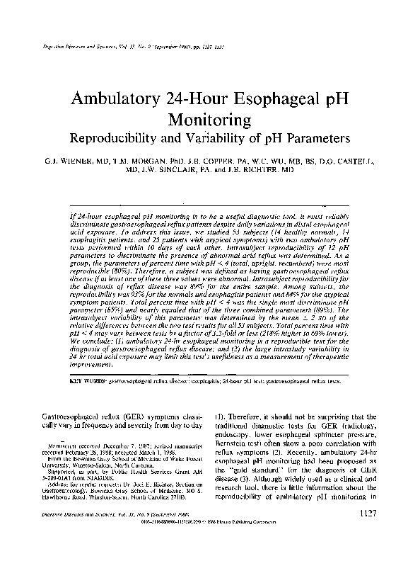 (PDF) Ambulatory 24-hour esophageal pH monitoring