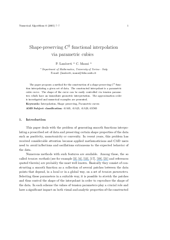 Pdf Shape Preserving C2 Functional Interpolation Via Parametric Cubics
