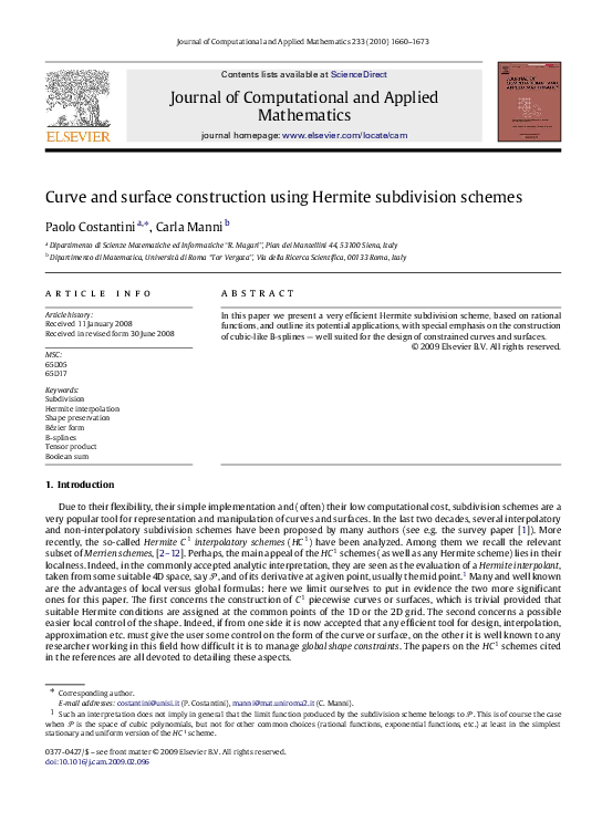 (PDF) Curve and surface construction using Hermite subdivision schemes