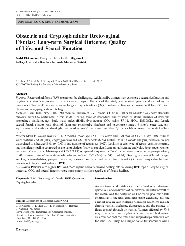 (PDF) Obstetric and Cryptoglandular Rectovaginal Fistulas: Long-term ...
