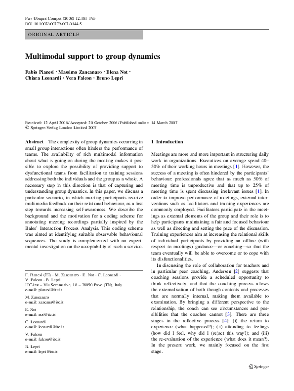 Pdf Multimodal Support To Group Dynamics