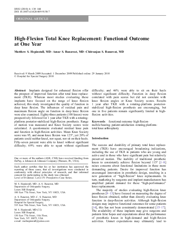 (PDF) High-Flexion Total Knee Replacement: Functional Outcome at One Year