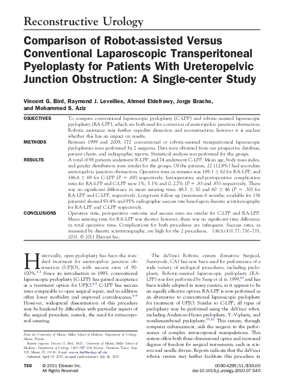 (PDF) Comparison of Robot-assisted Versus Conventional Laparoscopic Transperitoneal Pyeloplasty ...