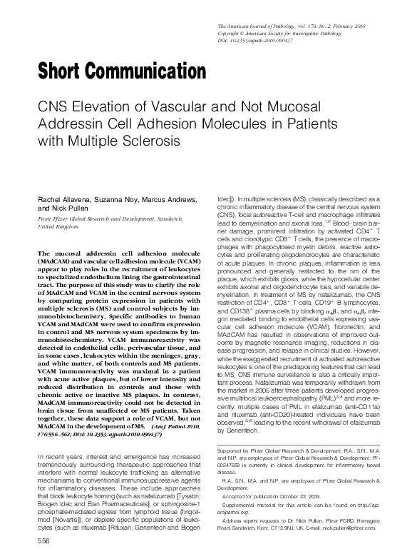 (PDF) CNS Elevation of Vascular and Not Mucosal Addressin Cell Adhesion ...