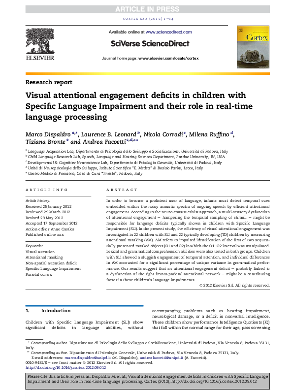 (PDF) Visual attentional engagement deficits in children with Specific Language Impairment and ...