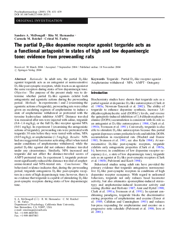 Pdf The Partial D2 Like Dopamine Receptor Agonist Terguride Acts As A